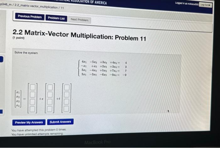 Solved 2.2 Matrix-Vector Multiplication: Problem 11 (1 | Chegg.com