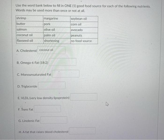 Solved Use The Word Bank Below To Fill In ONE 1 Good Food Chegg