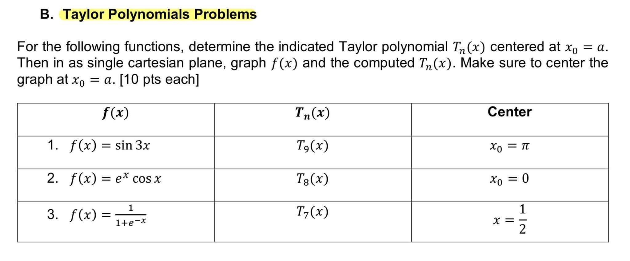 Solved B. ﻿Taylor Polynomials ProblemsFor the following | Chegg.com