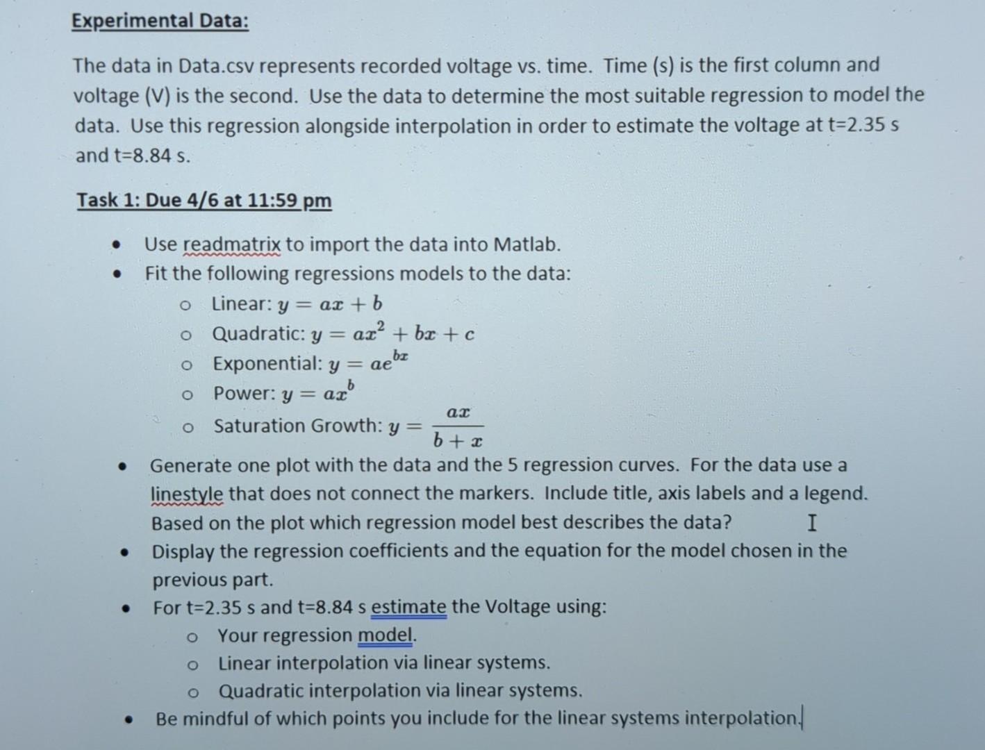 Solved Experimental Data: The data in Data.csv represents | Chegg.com