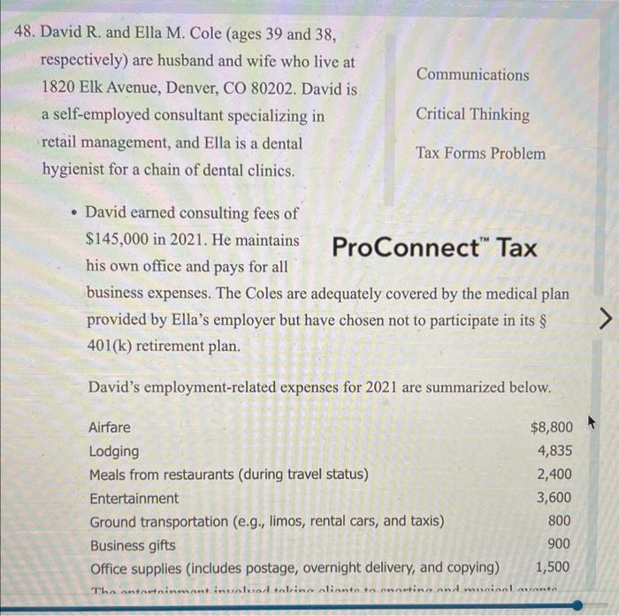 Solved 48. David R. and Ella M. Cole (ages 39 and 38 , | Chegg.com
