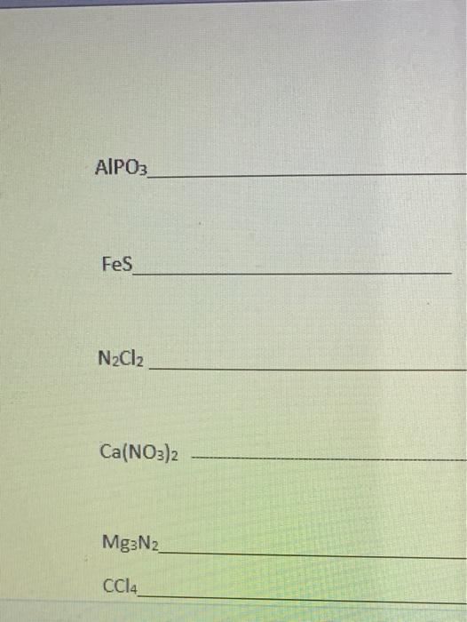 Solved AIPO3 FeS N2Cl2 Ca(NO3)2 Mg3N2 CCl4 | Chegg.com