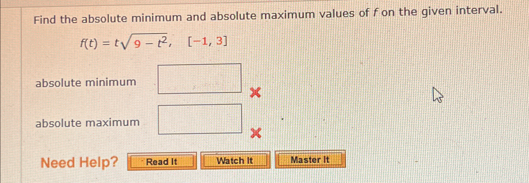 Solved Find the absolute minimum and absolute maximum values | Chegg.com