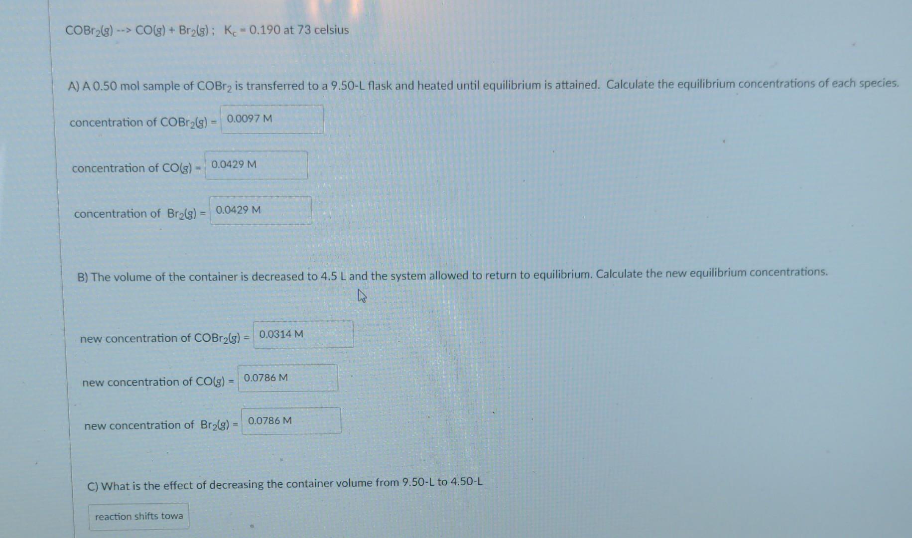 Solved COBr2(8) --> CO(g) + Bra(s): Kc = 0.190 at 73 celsius | Chegg.com