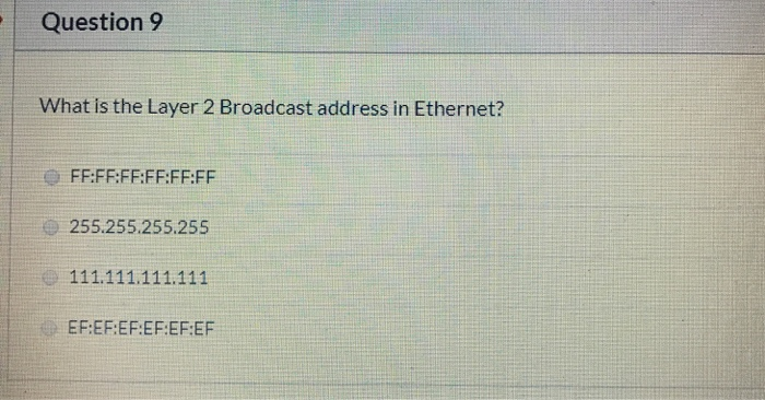 Solved Question 9 What is the Layer 2 Broadcast address in | Chegg.com