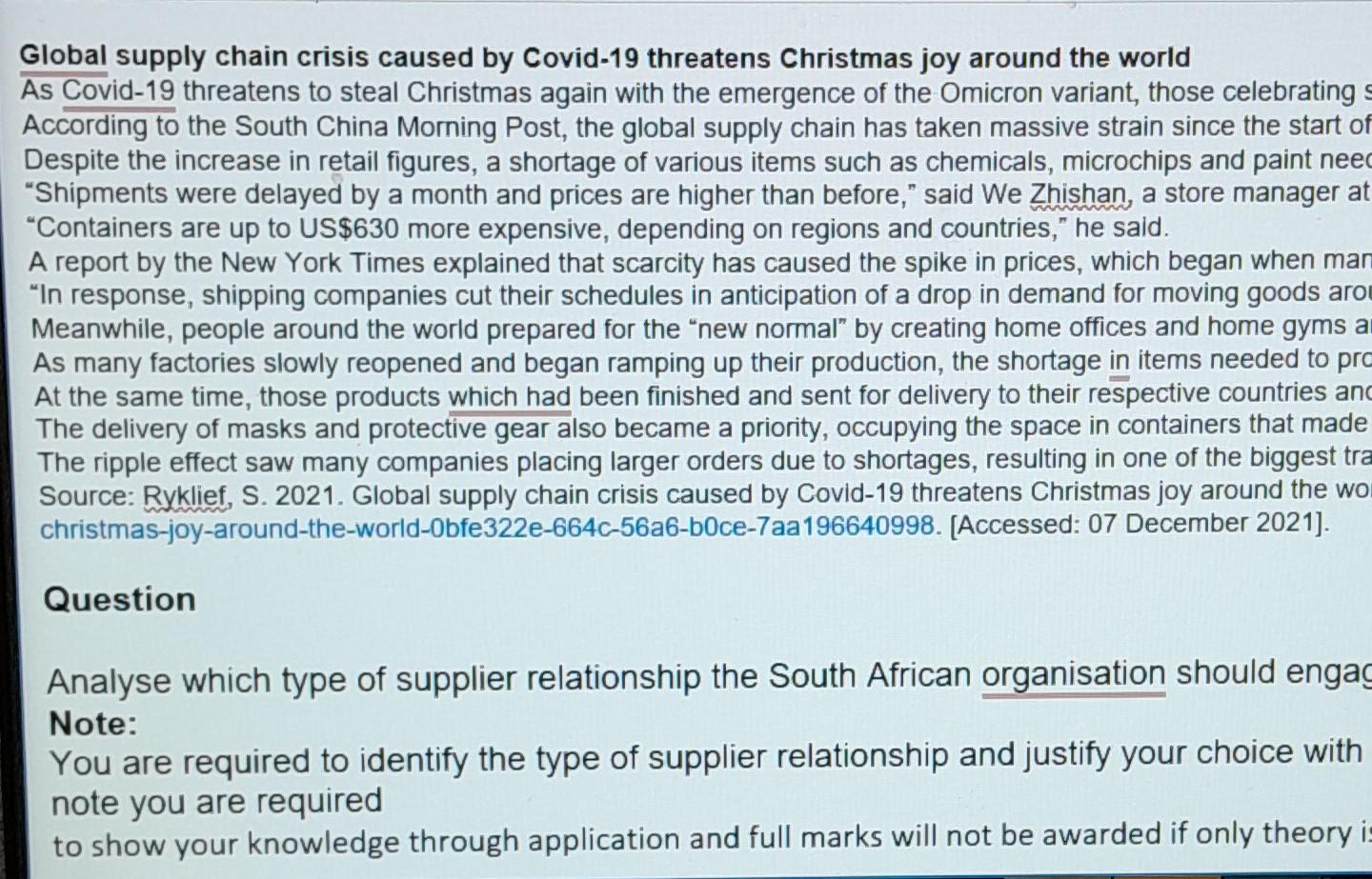 Solved Global supply chain crisis caused by Covid-19 | Chegg.com