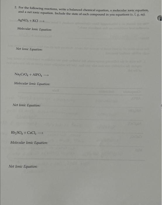 Solved 2. For the following reactions, write a balanced | Chegg.com