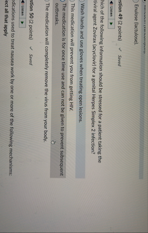 Solved Enulose (lactulose).estion 49 (2 ﻿points) ﻿Savedhich | Chegg.com