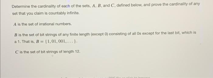 Solved Determine the cardinality of each of the sets, A, B, | Chegg.com