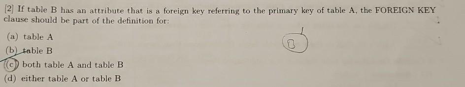 Solved [2] ﻿If table B ﻿has an attribute that is a foreign | Chegg.com