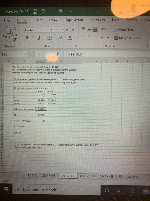 Solved B AutoSave Of File Home . Page Layout Insert Draw | Chegg.com