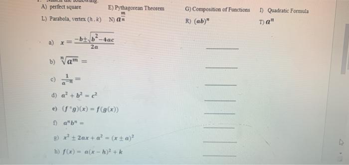 Solved A) perfect square E) Pythagorean Theorem L) Parabola, | Chegg.com