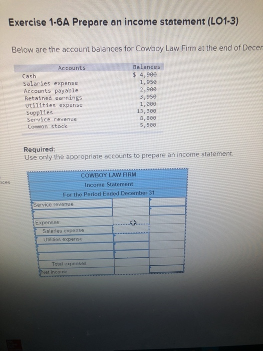 Solved Exercise 1-6A Prepare an income statement (LO1-3) | Chegg.com