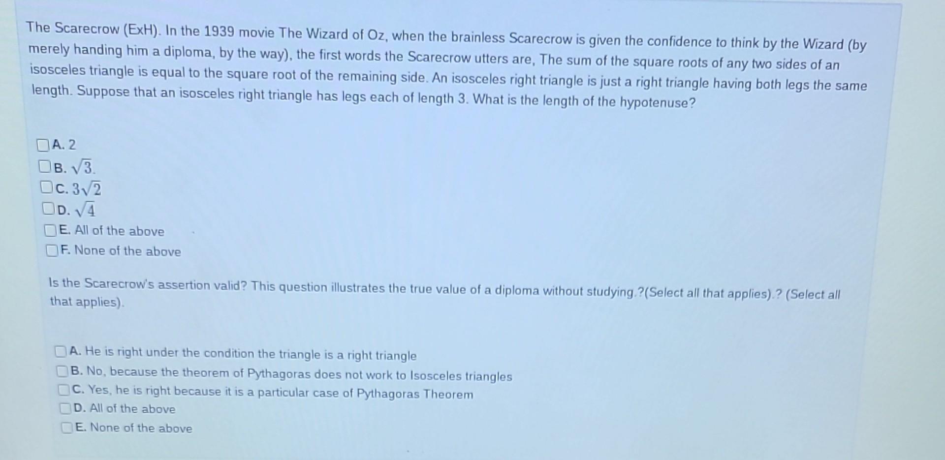 Solved The Scarecrow (ExH). In the 1939 movie The Wizard of | Chegg.com