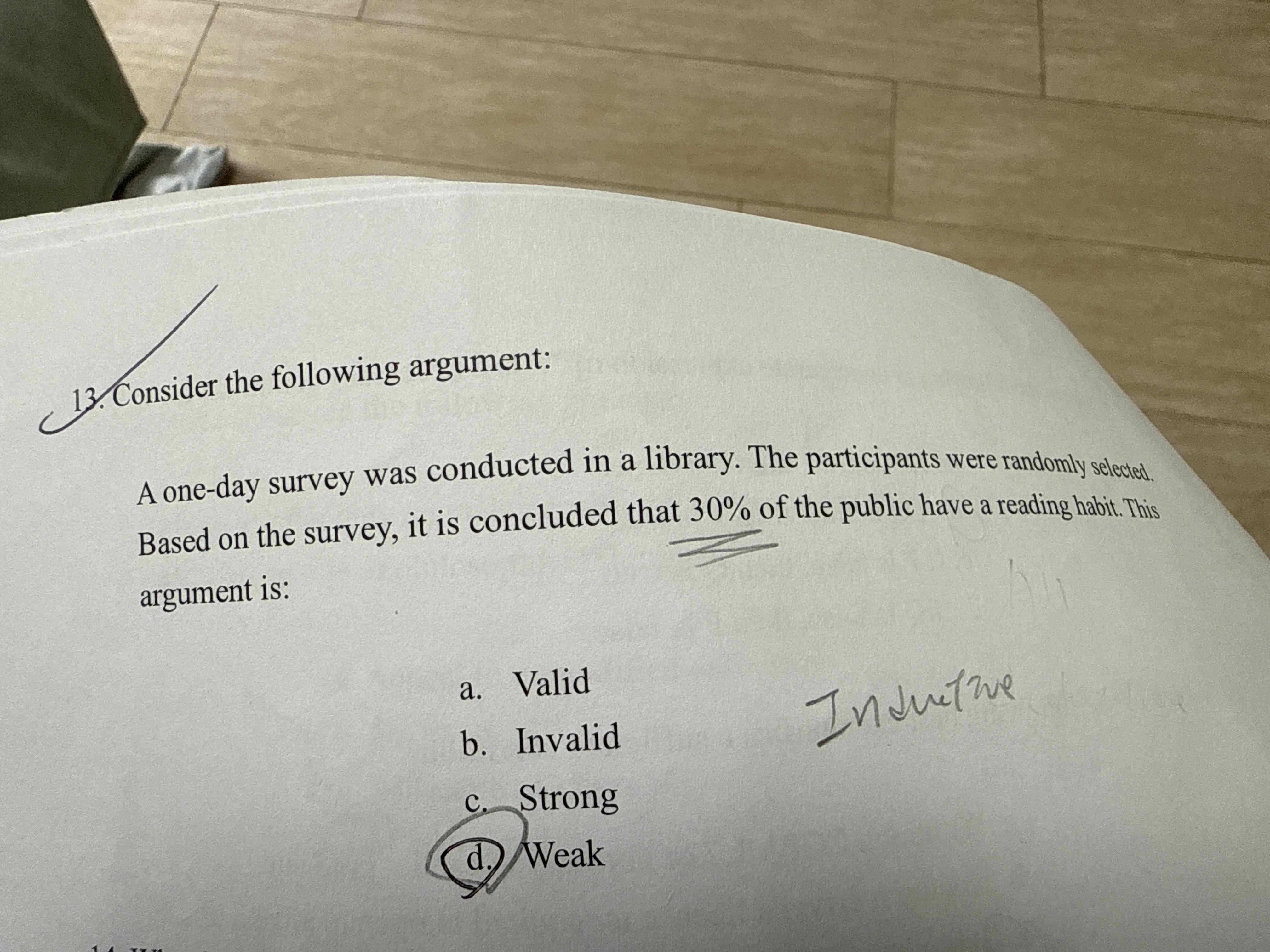 Solved 13. ﻿Consider the following argument:A one-day survey | Chegg.com
