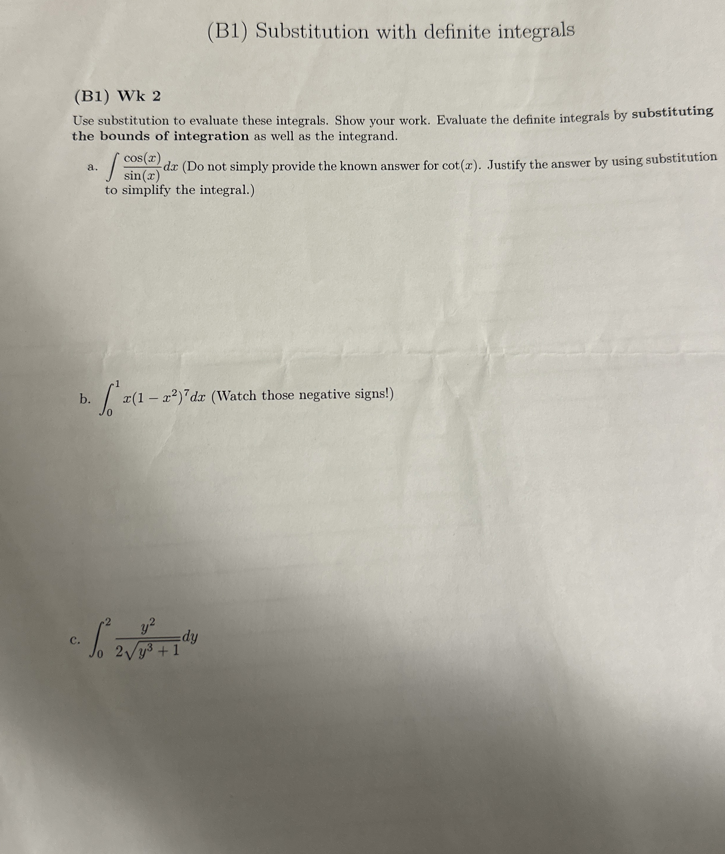 Solved (B1) ﻿Substitution with definite integrals(B1) ﻿Wk | Chegg.com