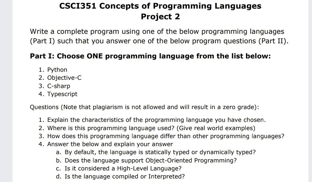 Solved CSC1351 Concepts of Programming Languages Project 2 | Chegg.com