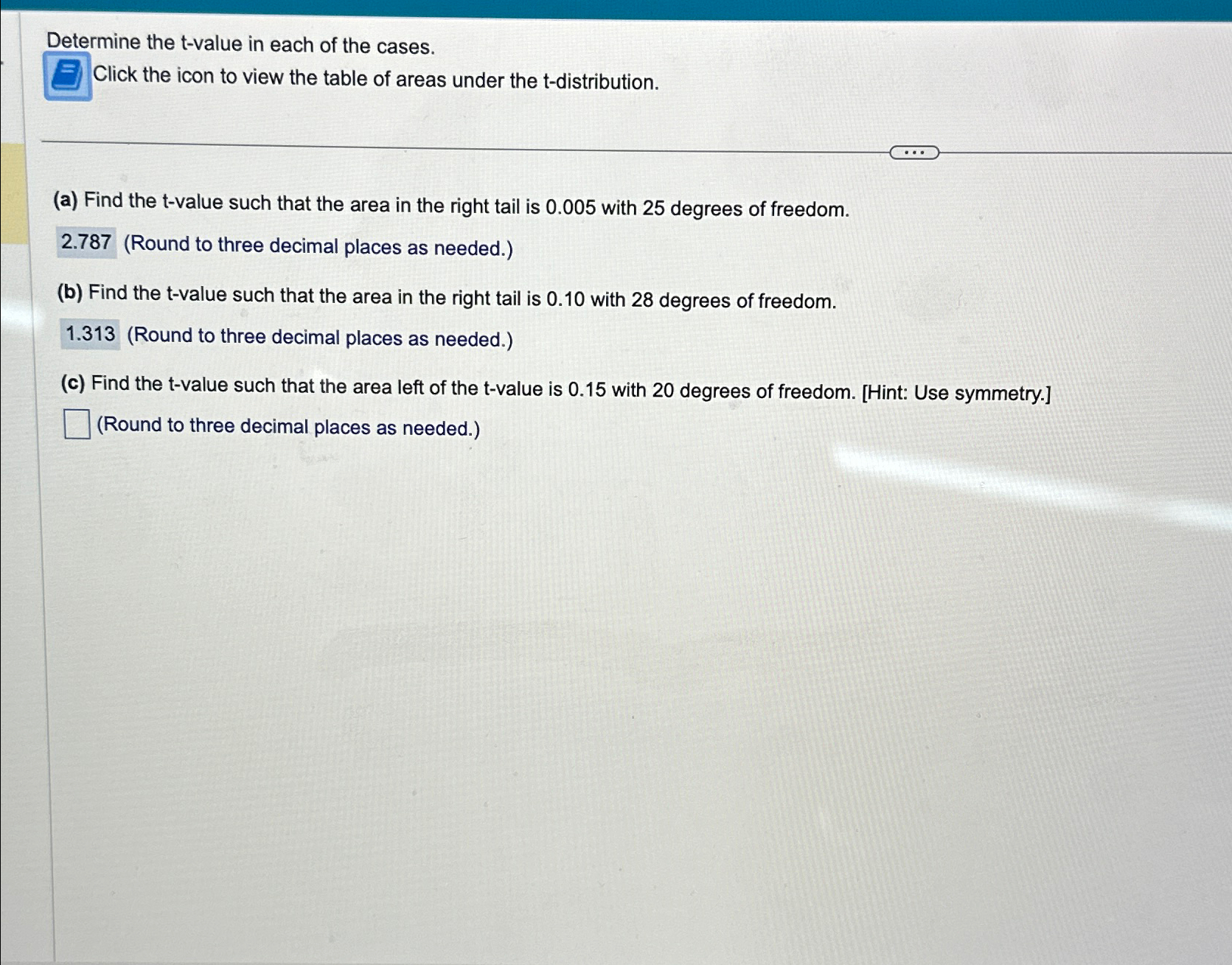 Solved Determine the t-value in each of the cases.Click the | Chegg.com