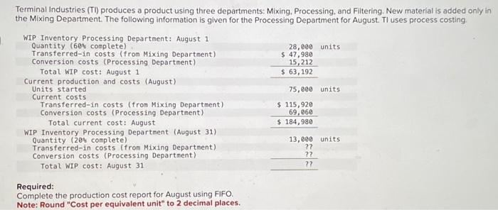 Solved Terminal Industries (TI) produces a product using | Chegg.com