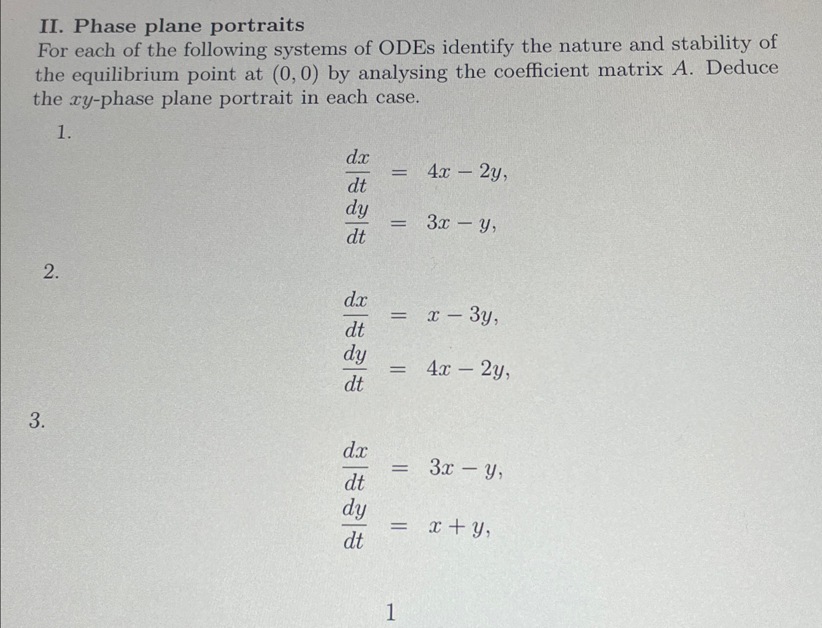 Solved II. ﻿Phase plane portraitsFor each of the following | Chegg.com
