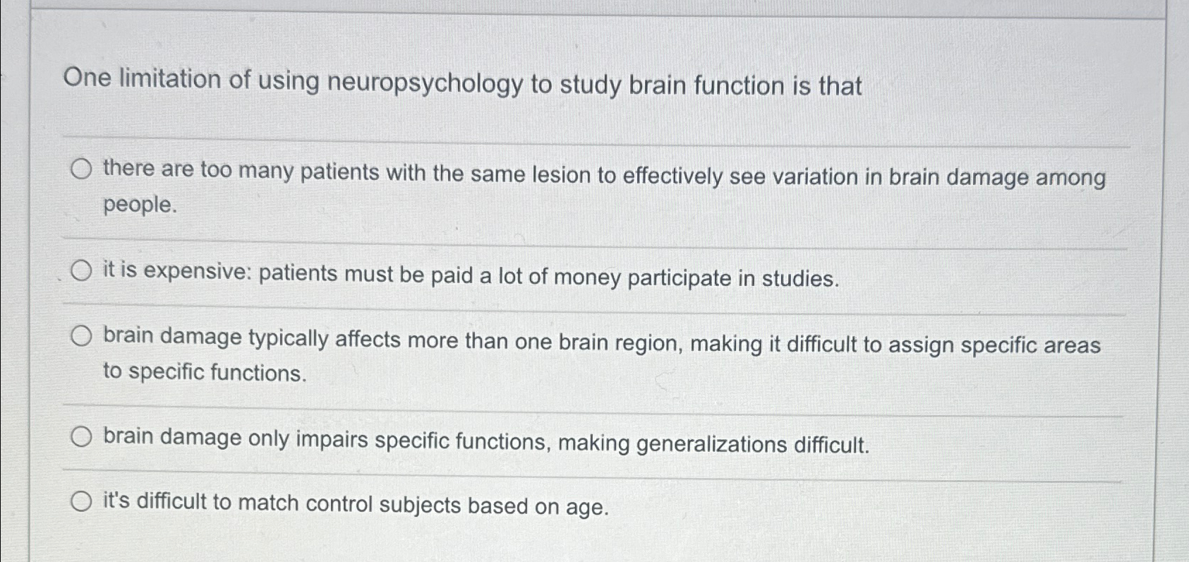 Solved One limitation of using neuropsychology to study | Chegg.com