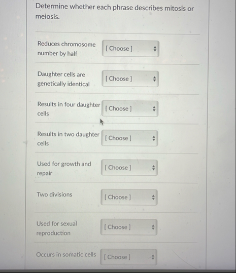 Solved Determine whether each phrase describes mitosis or | Chegg.com