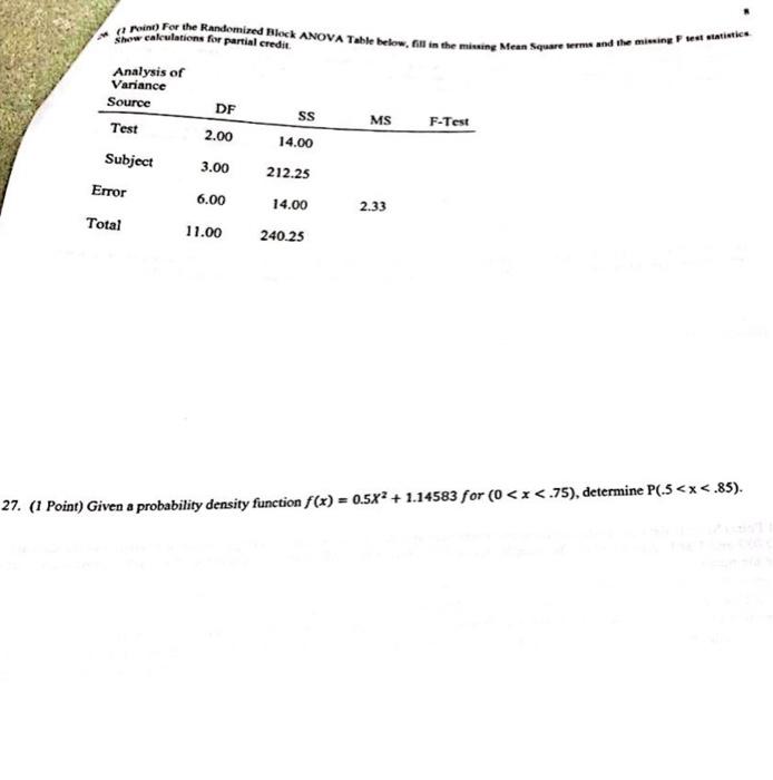 Solved (2 Foind) For the Randomized Block ANOVA Table below, | Chegg.com
