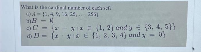 Solved What is the cardinal number of each set? a) A = {1, | Chegg.com