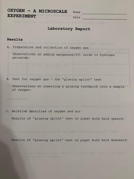 Solved OXYGEN A MICROSCALE EXPERIMENT Name Date Laboratory | Chegg.com