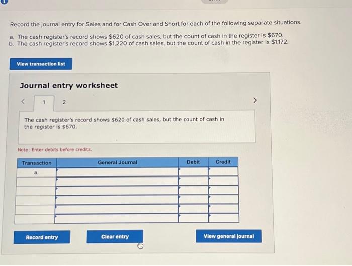 Solved Record the journal entry for Sales and for Cash Over | Chegg.com