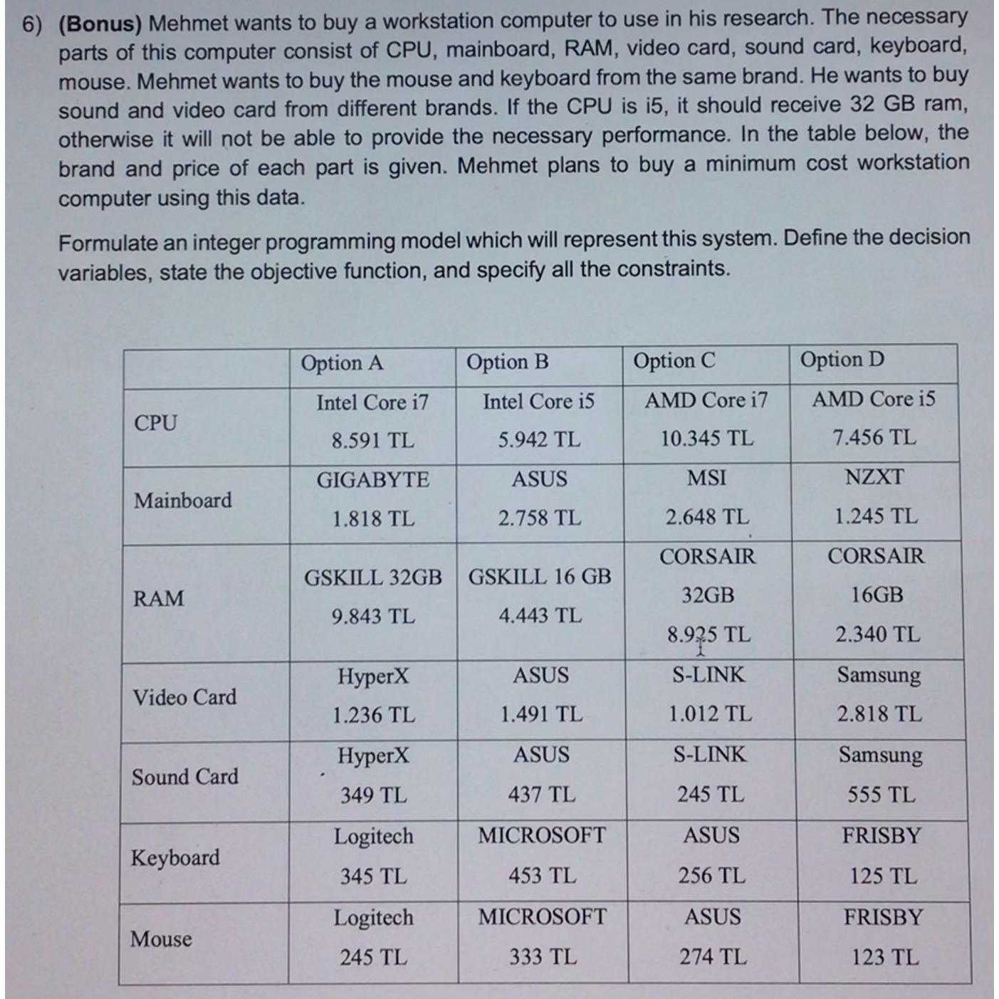Solved (Bonus) ﻿Mehmet wants to buy a workstation computer | Chegg.com