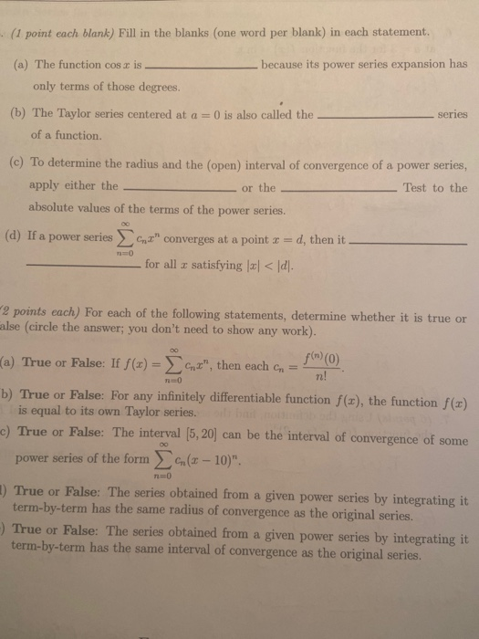 Solved (1 point each blank) Fill in the blanks (one word per | Chegg.com
