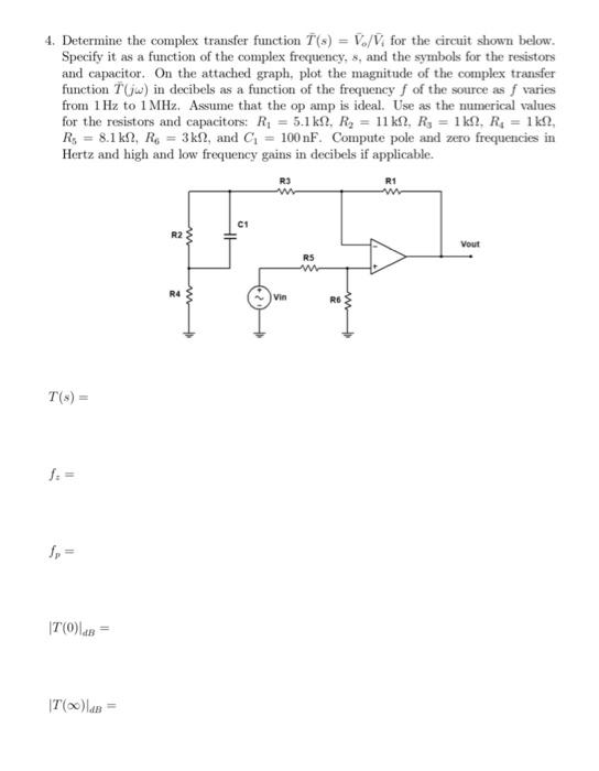 Solved 4. Determine the complex transfer function T(s) = V/V | Chegg.com