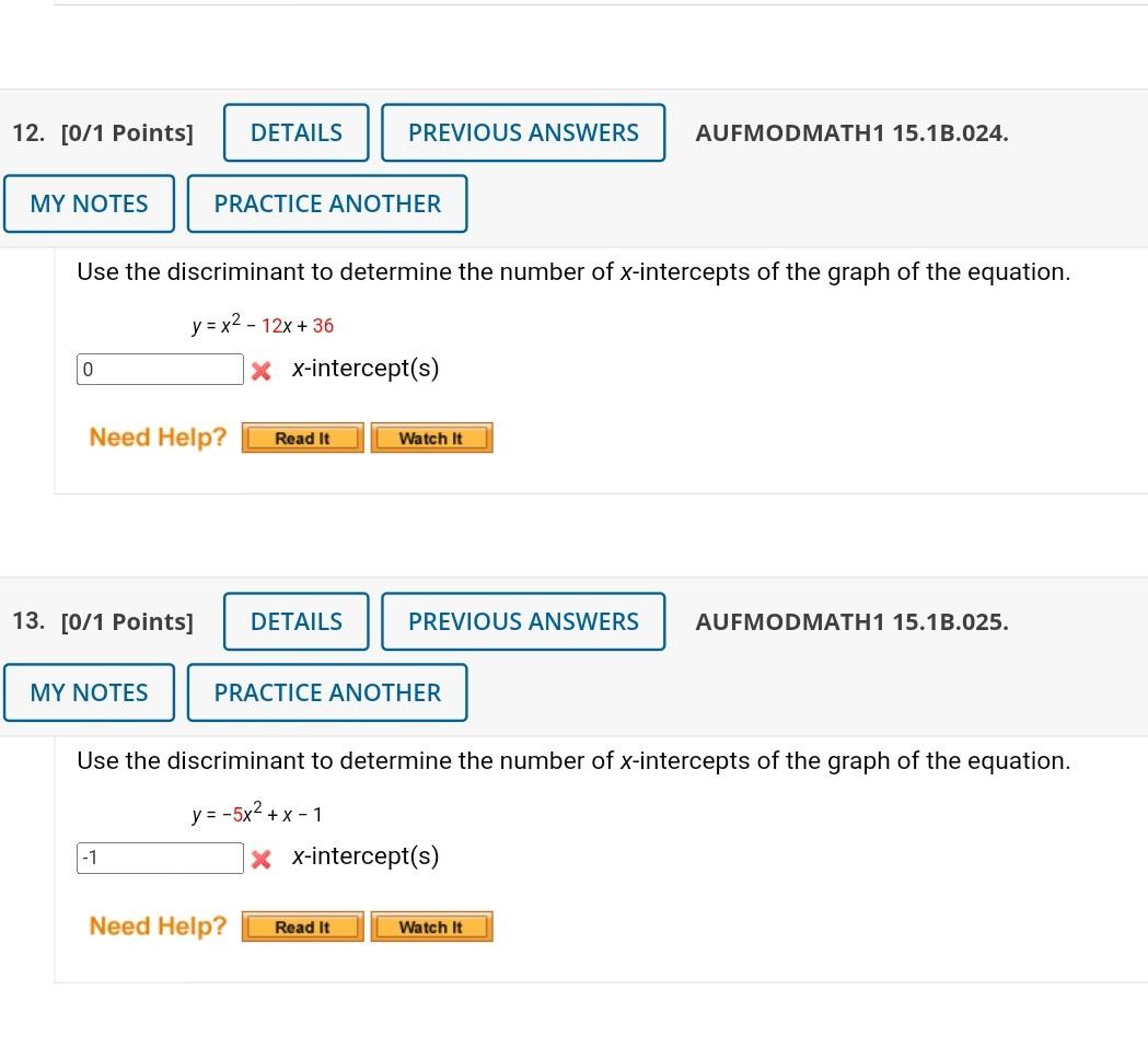 Solved Use the discriminant to determine the number of | Chegg.com