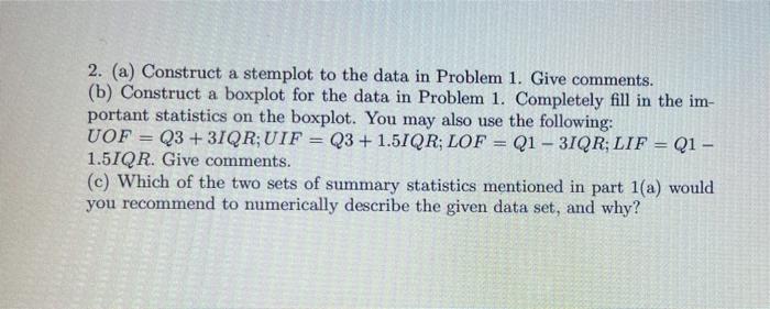Solved 2. (a) Construct a stemplot to the data in Problem 1. | Chegg.com