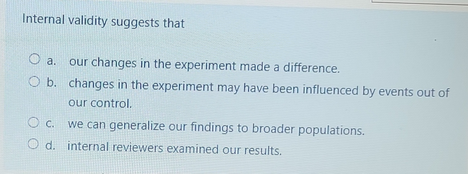 Solved Internal validity suggests thata. ﻿our changes in the | Chegg.com