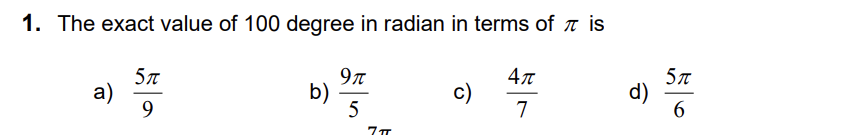 Solved The exact value of 100 ﻿degree in radian in terms of | Chegg.com