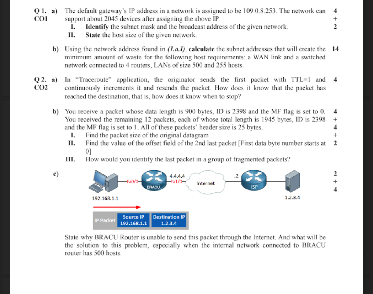 Solved Q 1. ﻿a) ﻿The default gateway's IP address in a | Chegg.com