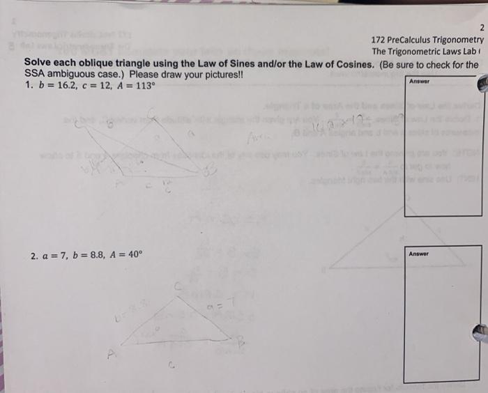 Solved 2 172 PreCalculus Trigonometry The Trigonometric Laws | Chegg.com