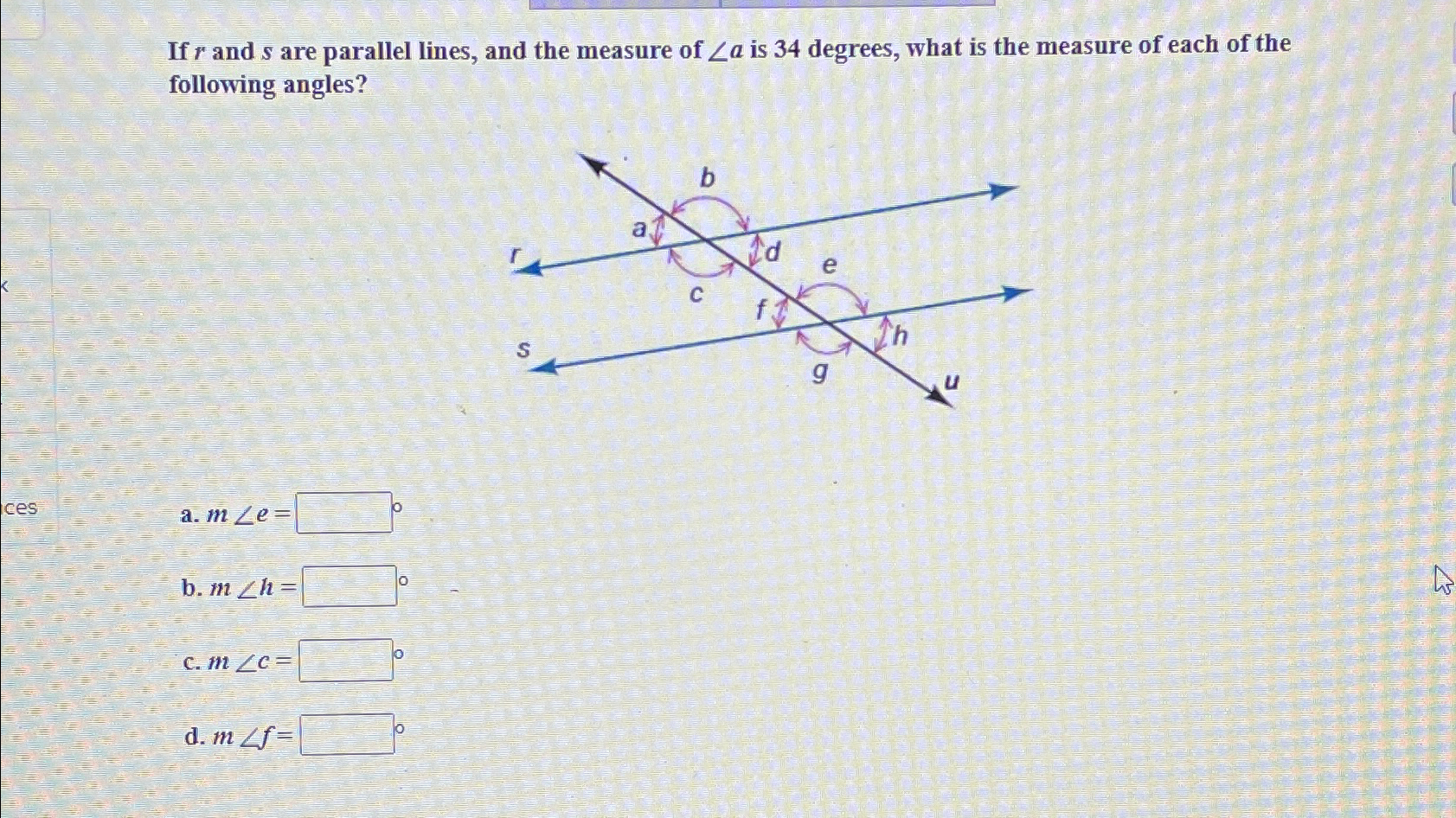 Solved If r ﻿and s ﻿are parallel lines, and the measure of | Chegg.com