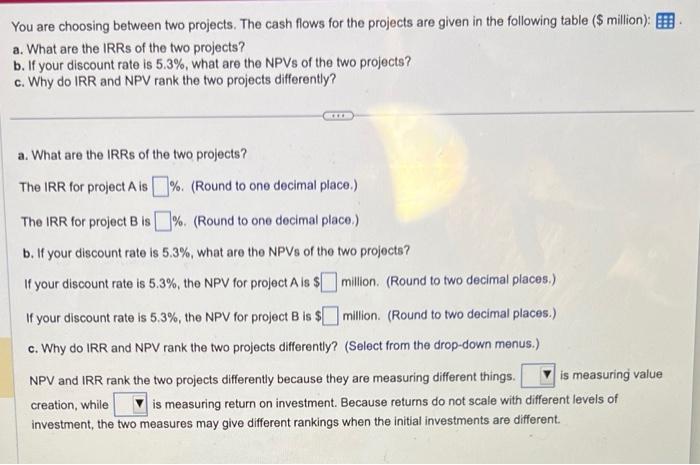 Solved You are choosing between two projects. The cash flows | Chegg.com