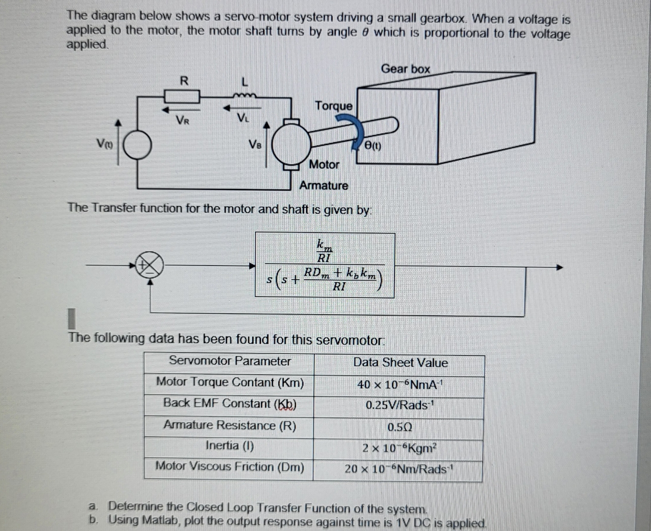 Solved The diagram below shows a servo-motor system driving | Chegg.com