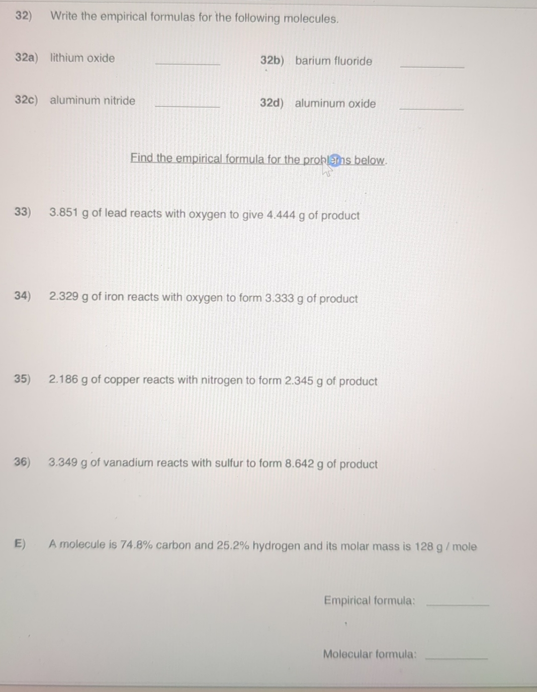 Solved Write the empirical formulas for the following | Chegg.com