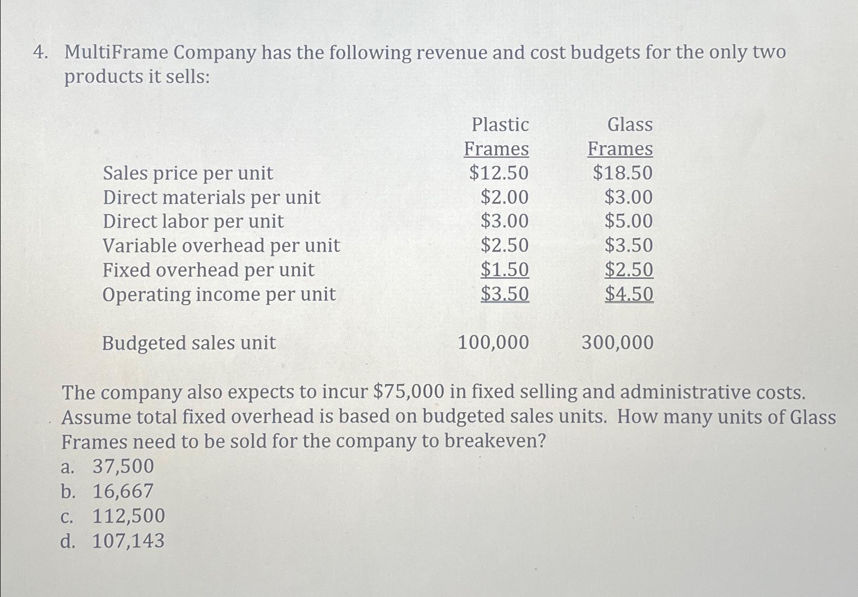 Solved MultiFrame Company has the following revenue and cost | Chegg.com