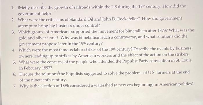 Solved 1. Briefly describe the growth of railroads within | Chegg.com