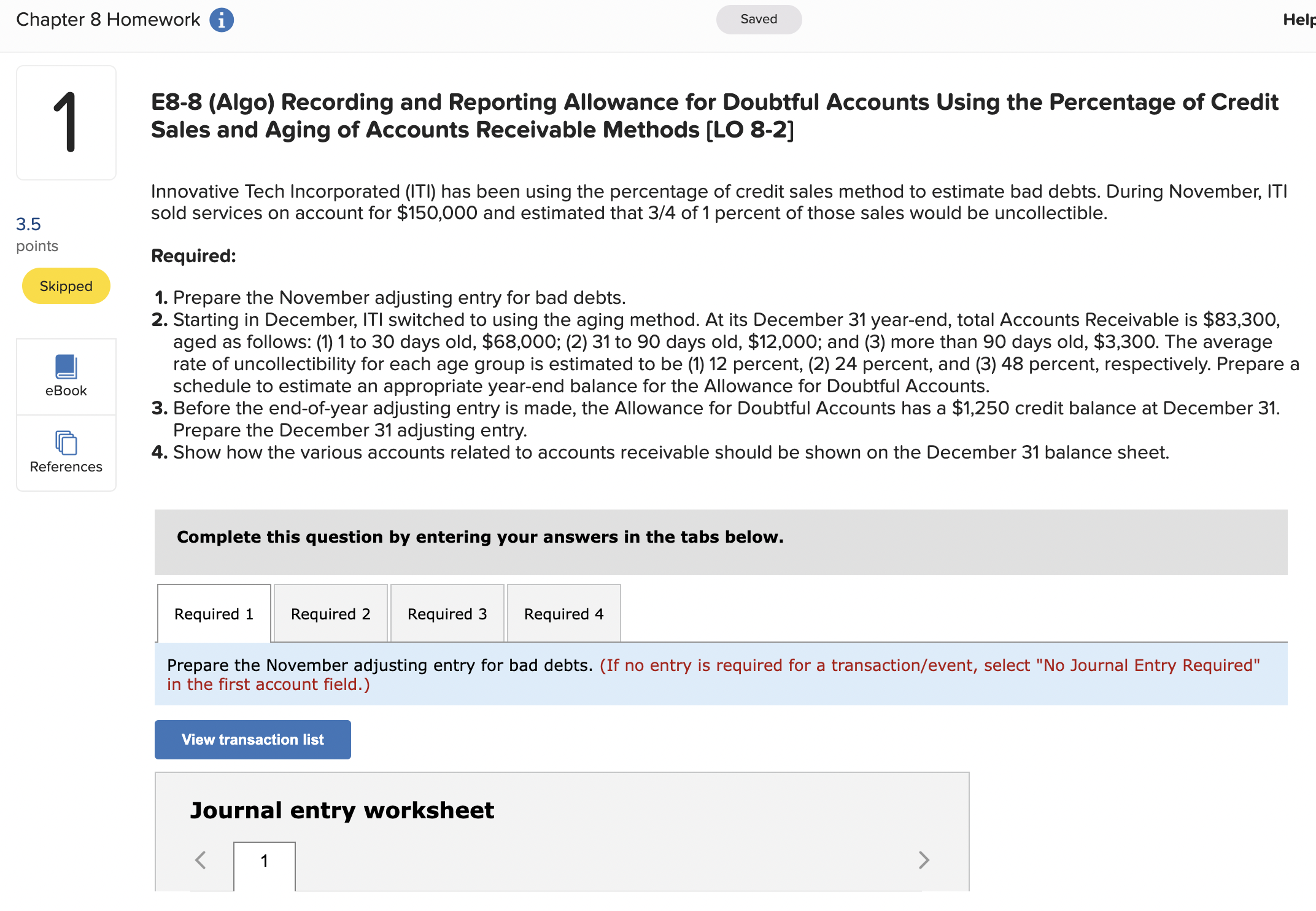 Solved 1 ﻿E8-8 (Algo) ﻿Recording and Reporting Allowance for | Chegg.com