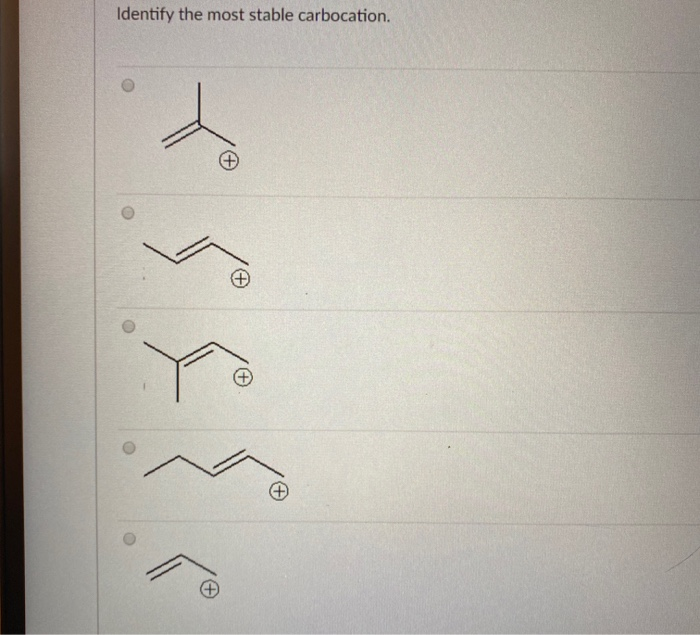 Solved Identify the most stable carbocation. | Chegg.com
