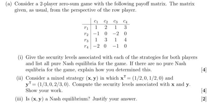 Solved (a) Consider a 2-player zero-sum game with the | Chegg.com