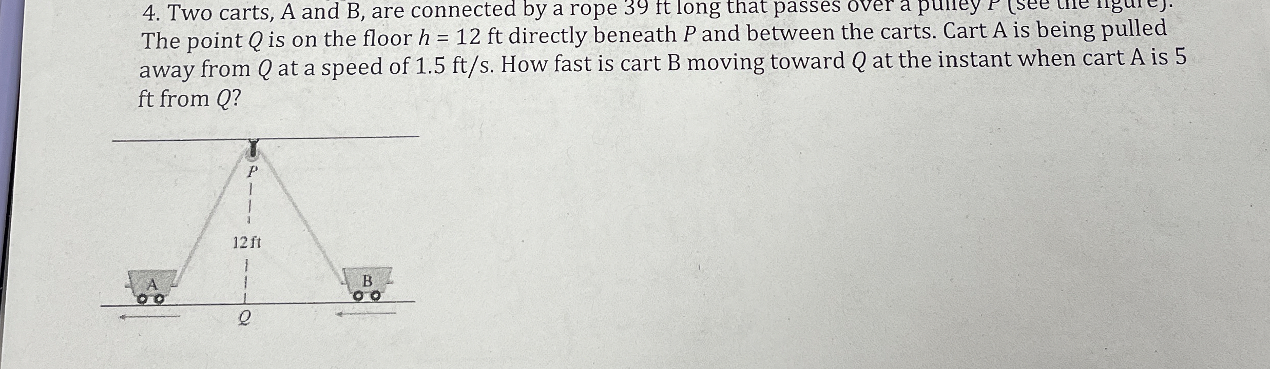 Solved Two carts, A and B, ﻿are connected by a rope 39 ﻿ft | Chegg.com