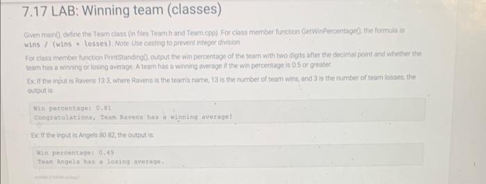 Solved 7.17 LAB: Winning team (classes) Given mainf. deline | Chegg.com